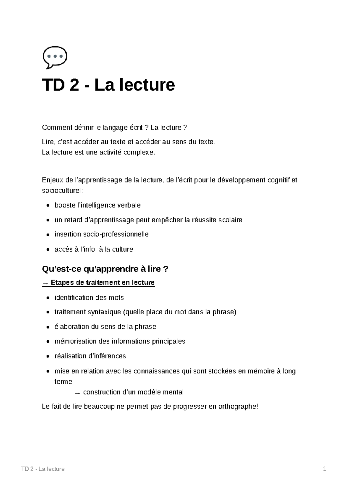 TD 2 - La lecture - 💬 TD 2 - La lecture Comment définir le langage écrit? La lecture? Lire, c ...