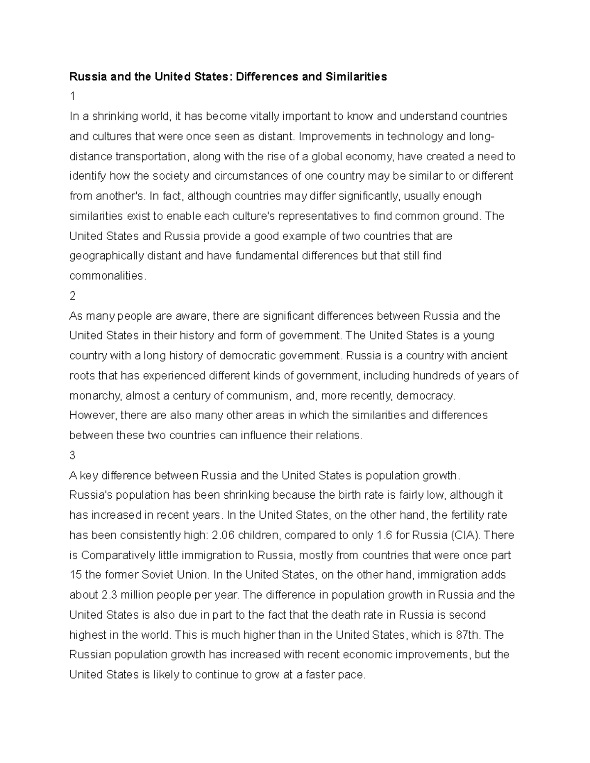 Compare and Contrast Model Essay - Russia and the United States ...