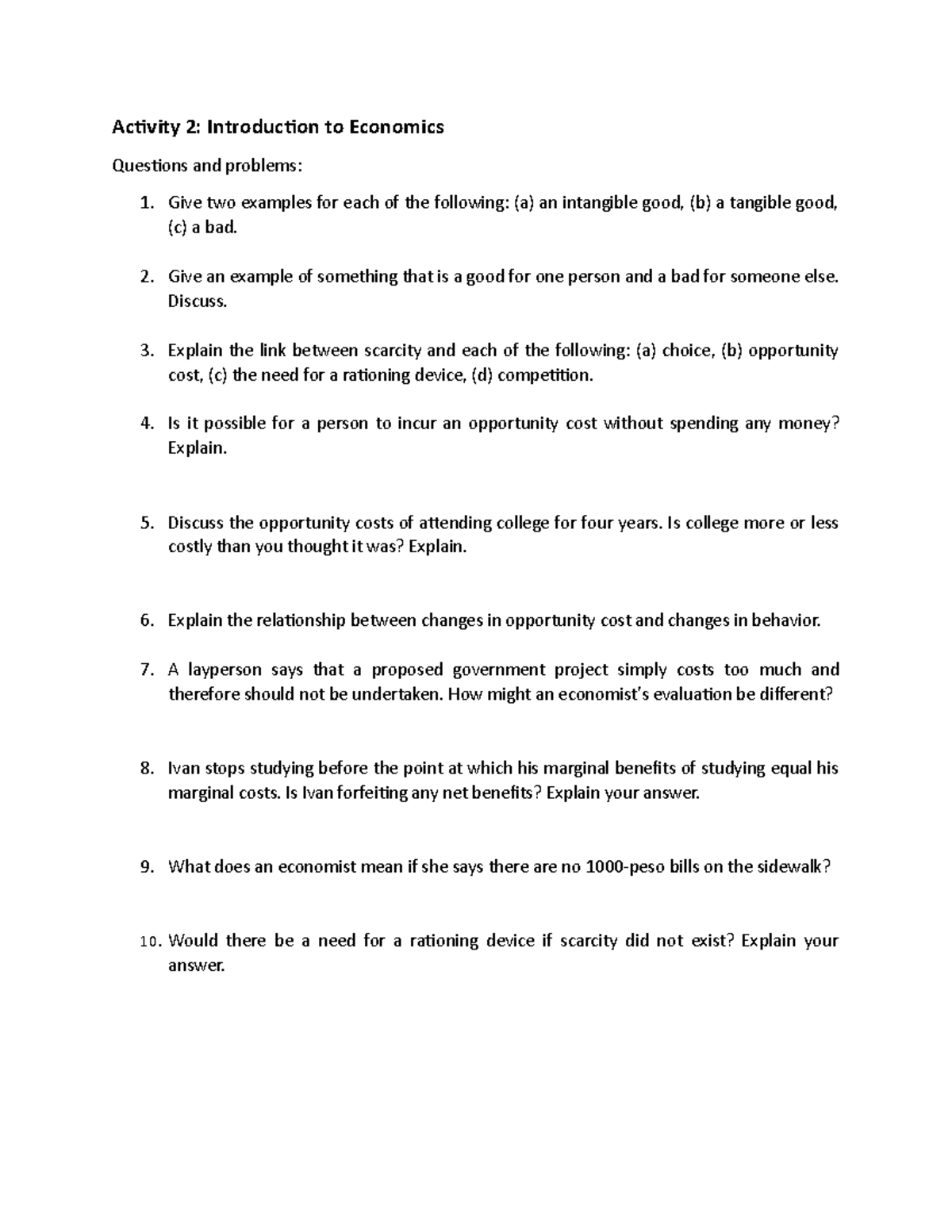 Activity 2 - Introduction to Economics - Acivity 2: Introducion to ...