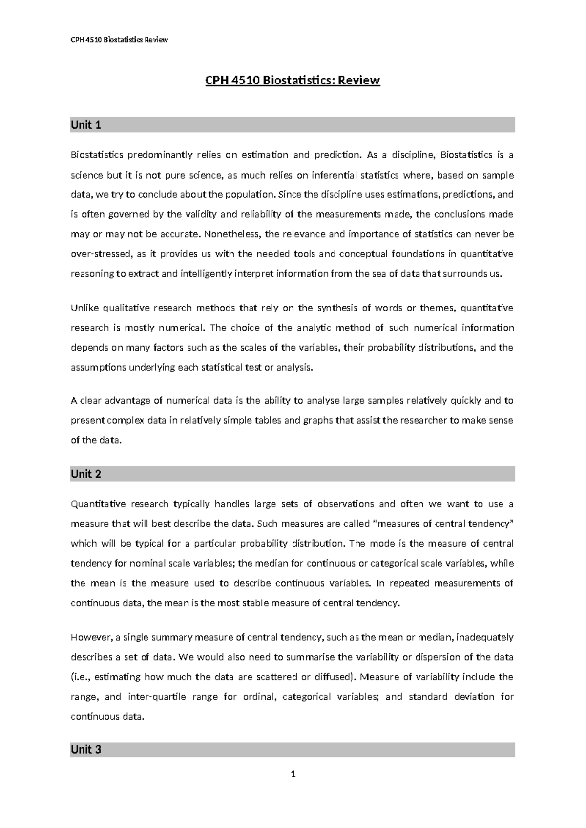 CPH 4510 Biostatistics Review - CPH 4510 Biostatistics: Review Unit 1 Biostatistics ...