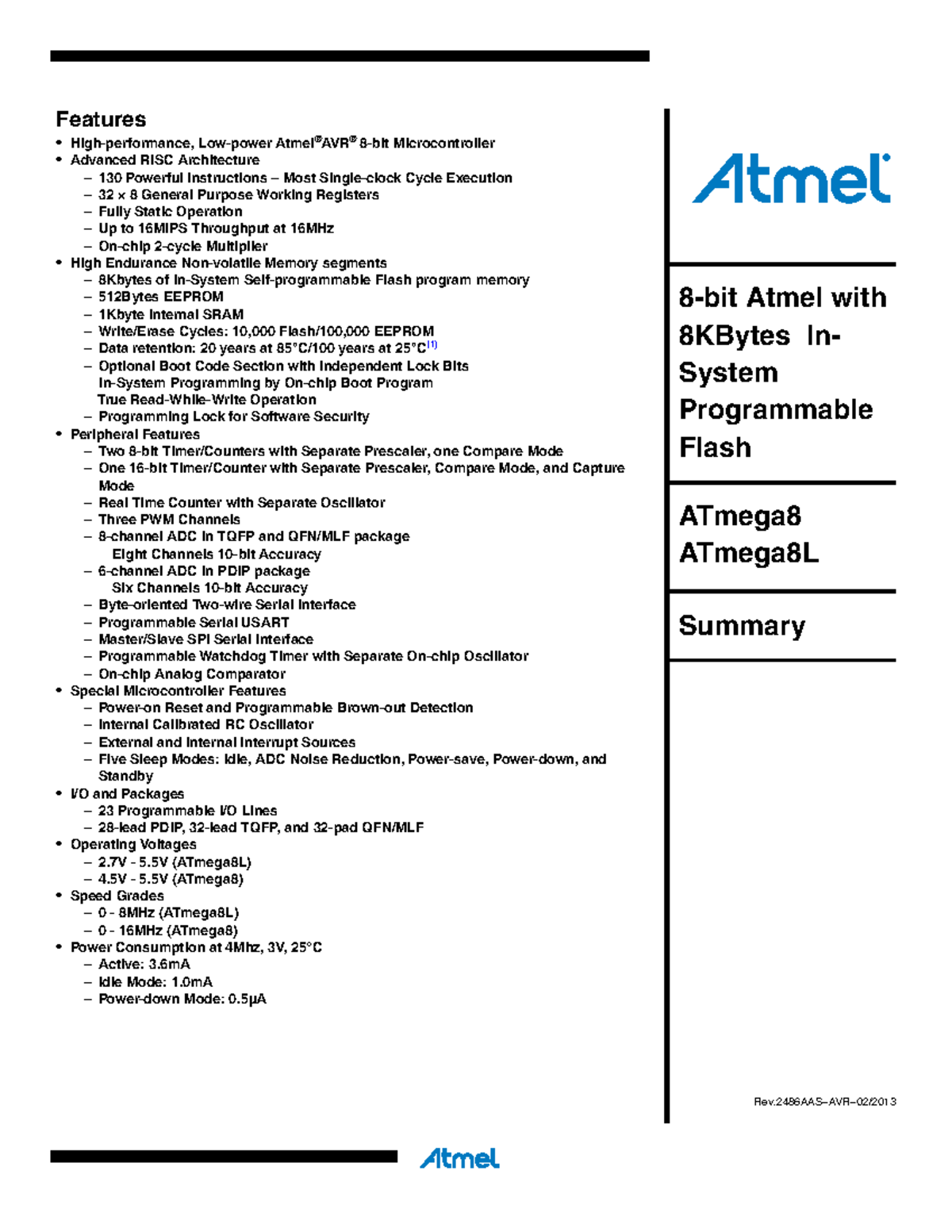 Atmel 2486 8 Bit Avr Microcontroller Atmega 8 L Summary Features