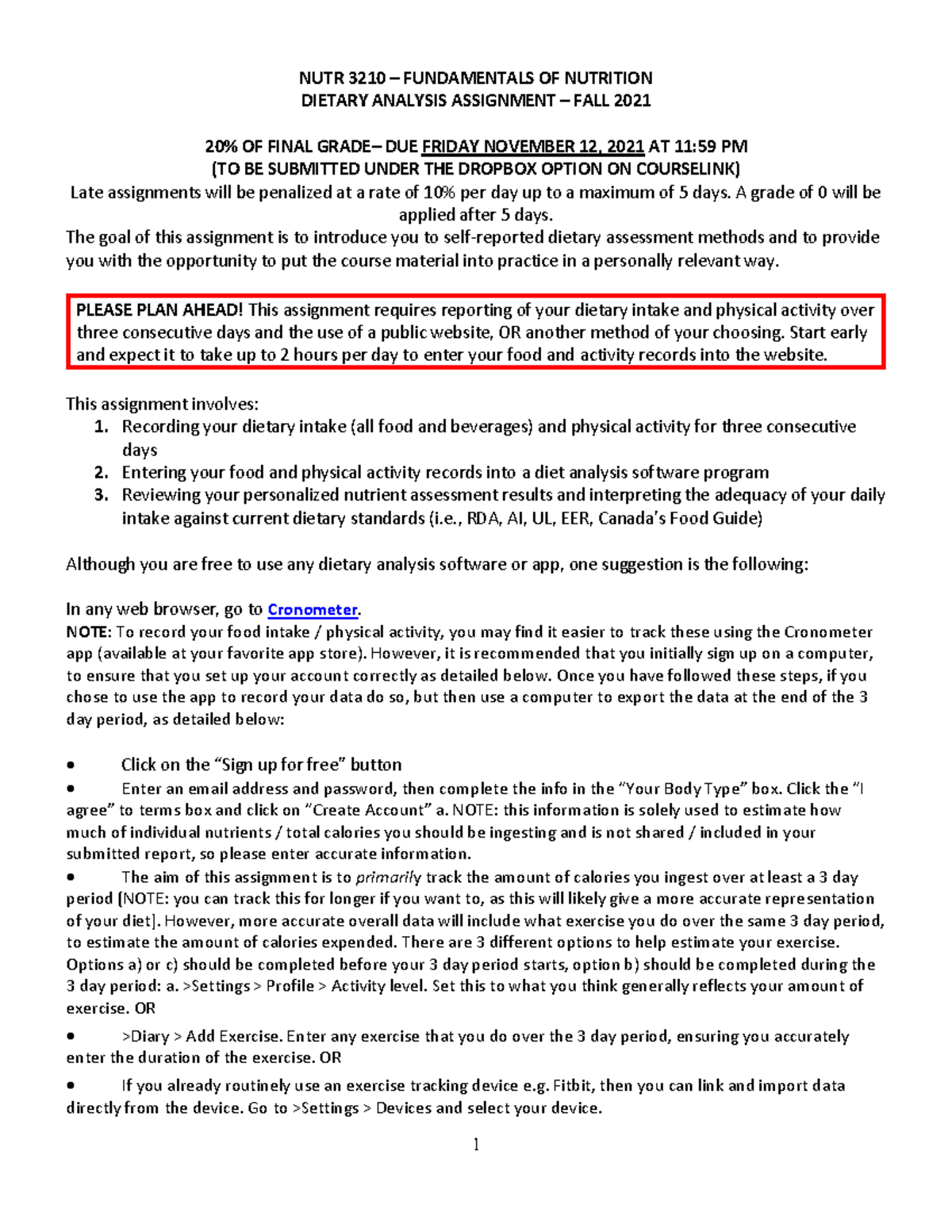 Fundamentals of Nutrition Dietary Analysis Assignment - Studocu
