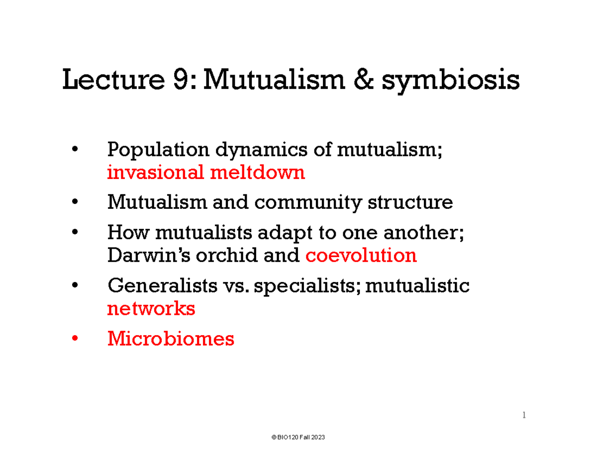 BIO120Fall2023 Lecture 9 1slideperpage - Lecture 9: Mutualism ...