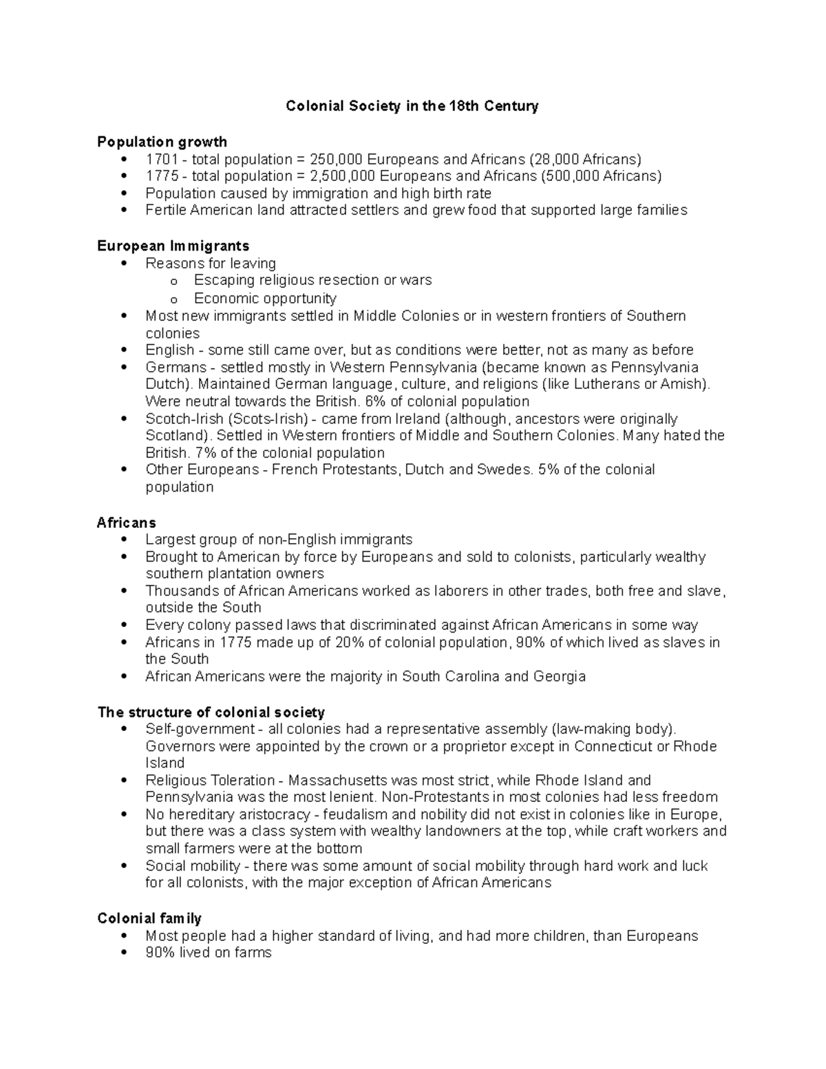 AP U.S. History Chapter 3 Notes - Colonial Society in the 18th Century ...