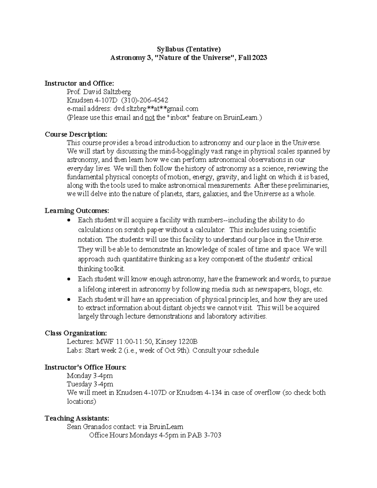 Syllabus-a3f23-v1 - hwhwhwh - Syllabus (Tentative) Astronomy 3, "Nature ...