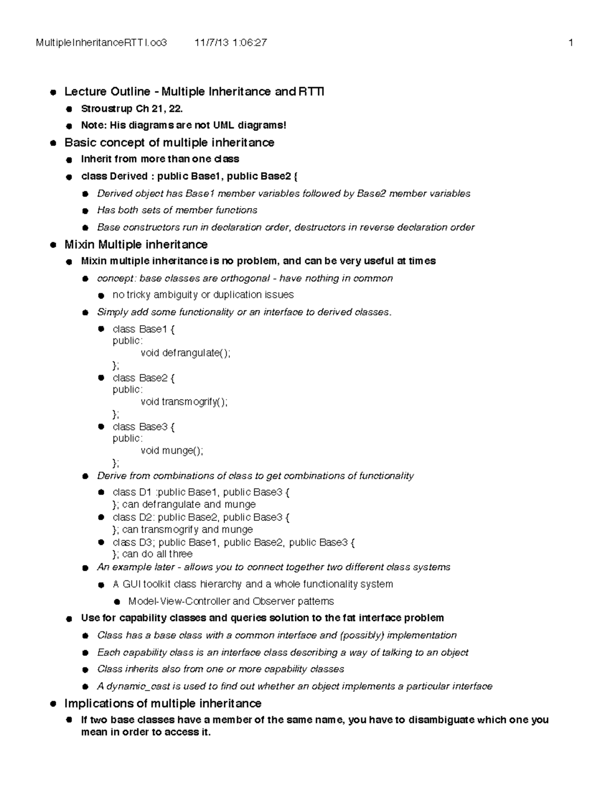 Multiple Inheritance Rtti Lecture Outline Multiple Inheritance And
