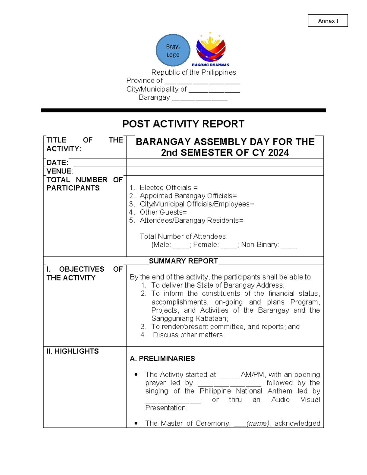 Annex I Post Activity Report Template Republic Of The Philippines