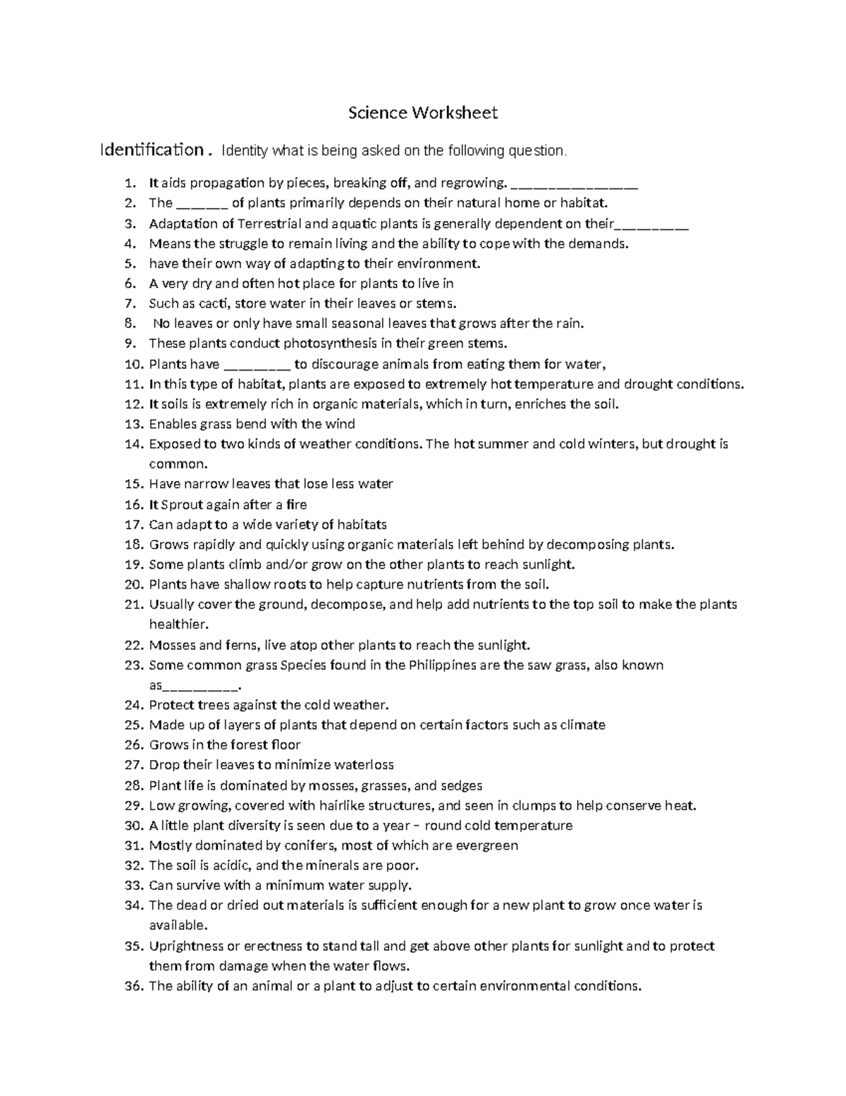 Science Worksheet - reviewer - Science Worksheet Identification ...