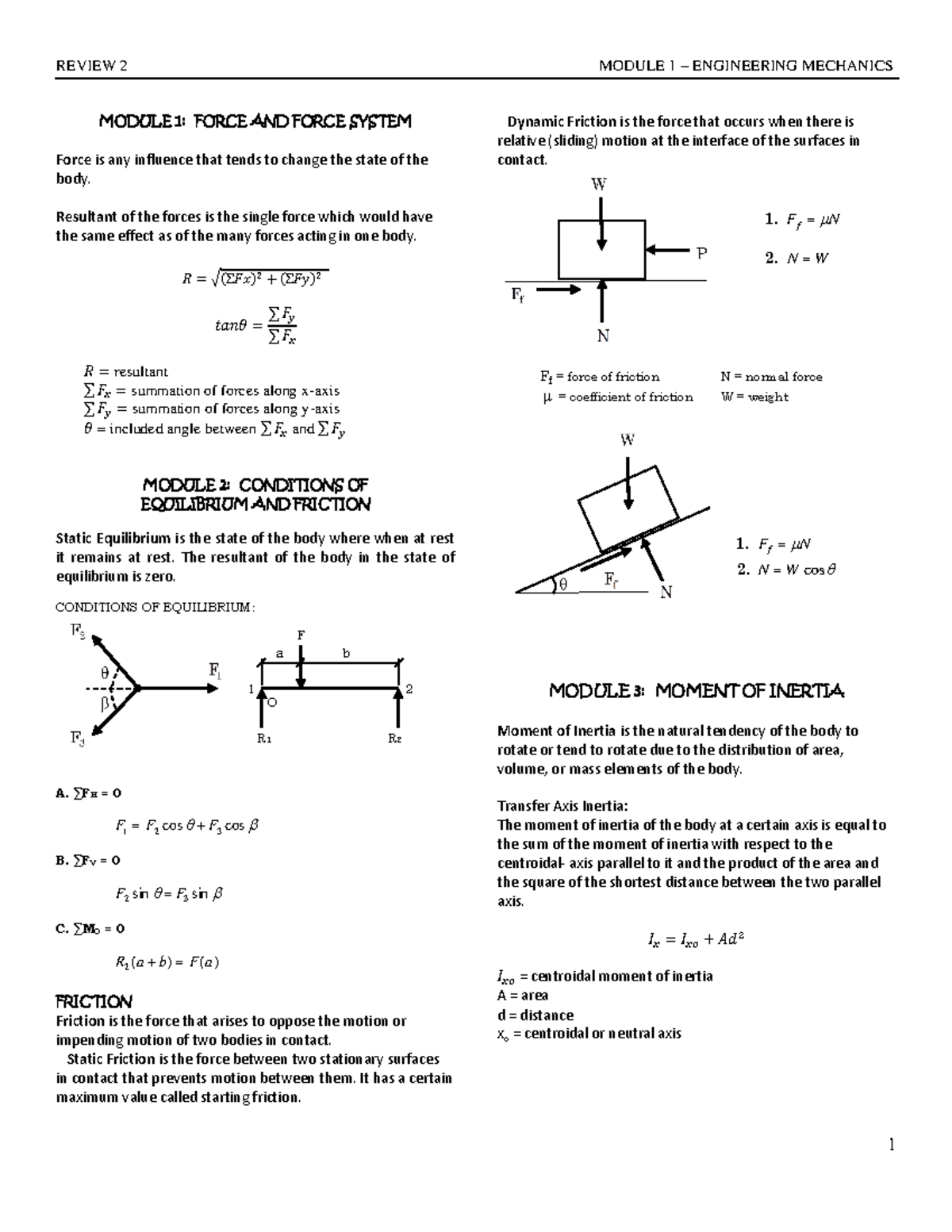 M1 - Mechanics - MODULE 1 ENGINEERING MECHANICS REVIEW 2 MODULE 1 ...