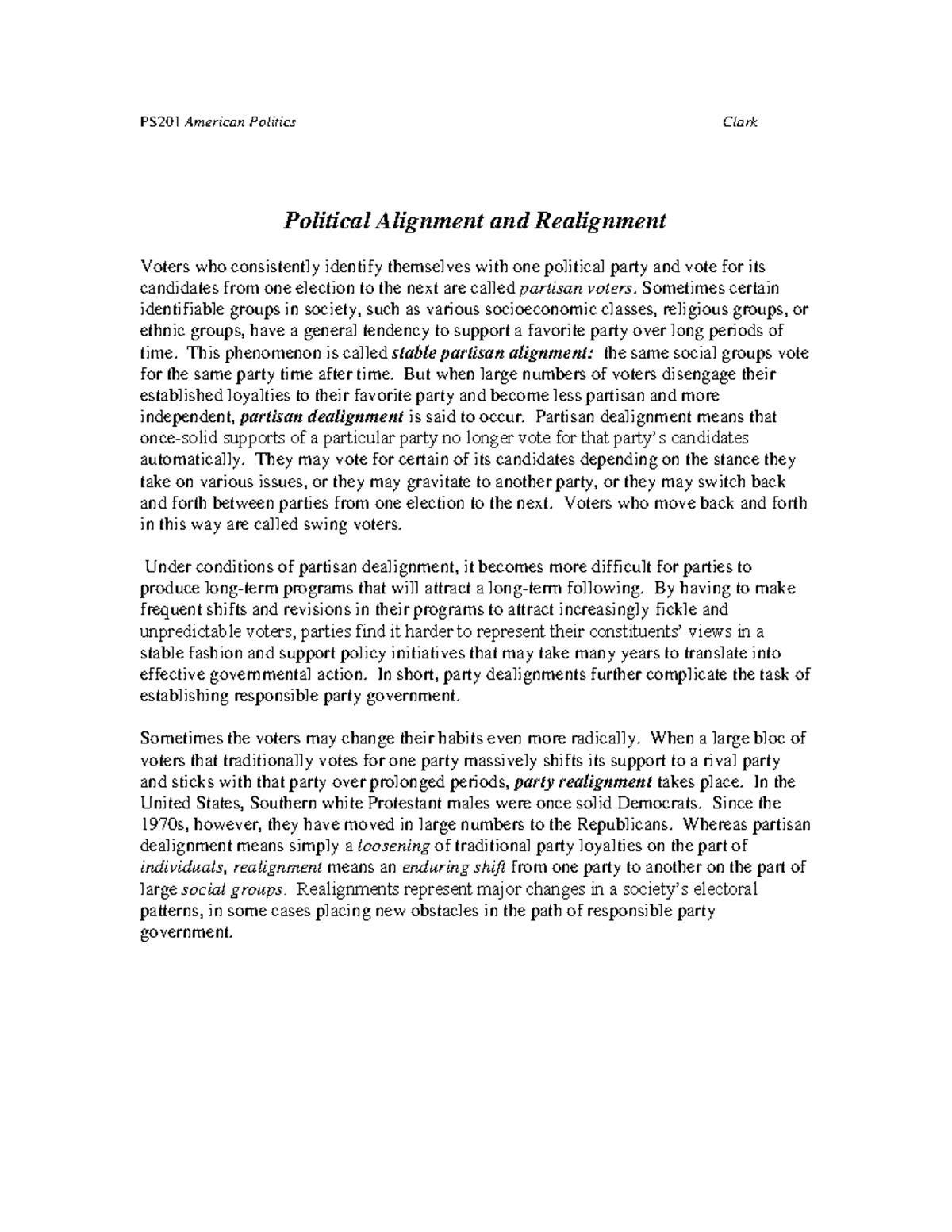 Political Alignment and Realignment - PS201 American Politics Clark ...