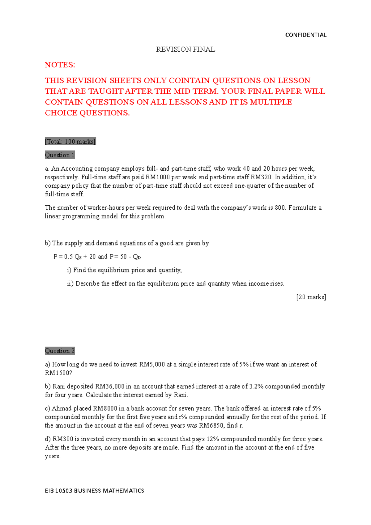 Revision Final - Tutorial - CONFIDENTIAL REVISION FINAL NOTES: THIS ...