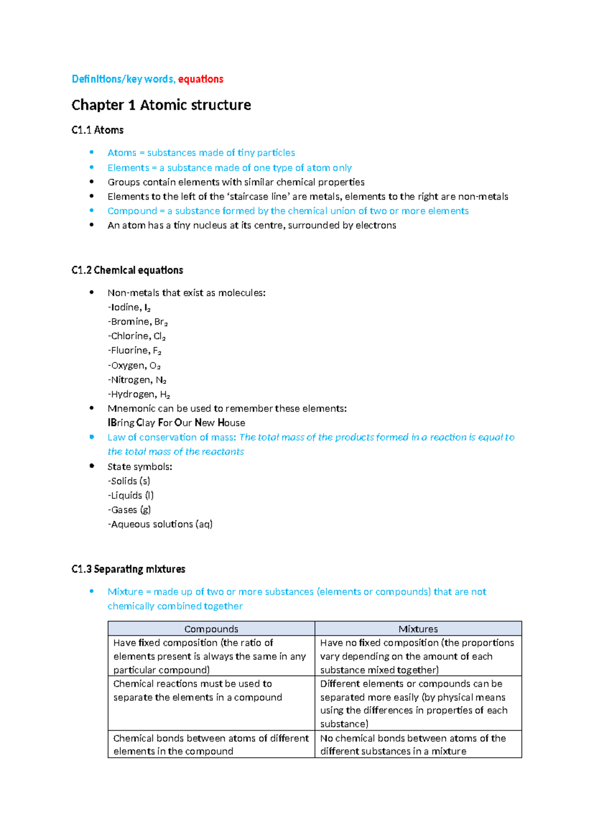 Chemistry revision - Notes - Definitions/key words, equations Chapter 1 ...