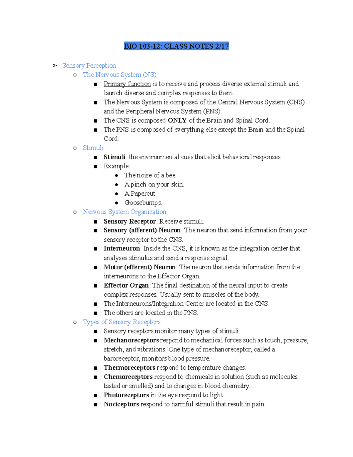 BIO 103 - Sensory Perception - BIO 103-12: CLASS NOTES 2/ Sensory ...