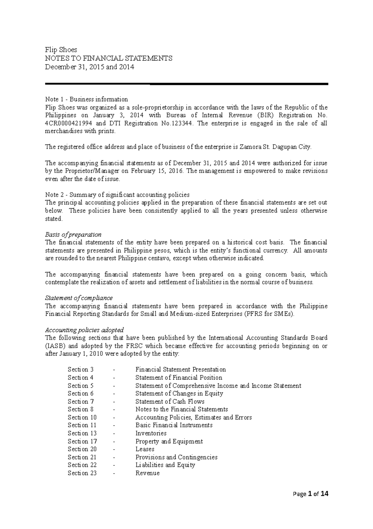 Flip Shoes Notes to FS - Flip Shoes NOTES TO FINANCIAL STATEMENTS ...