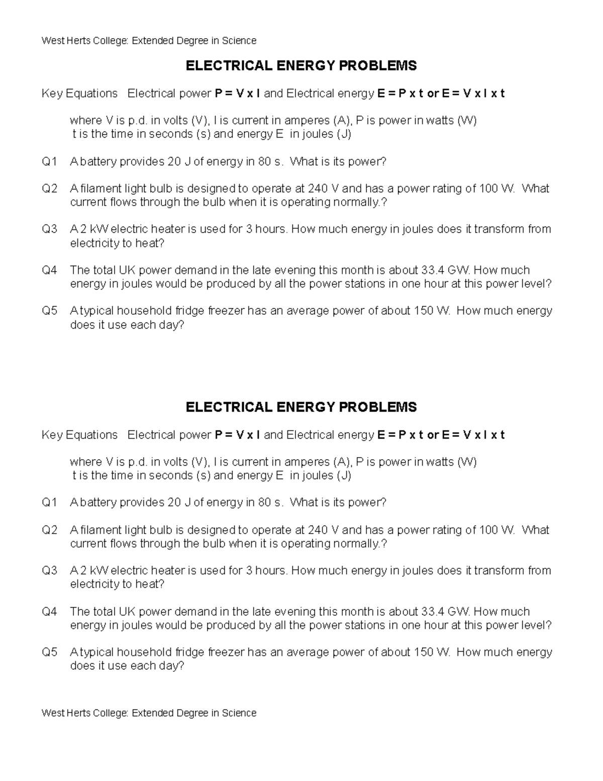 Unit 6 - Electrical Energy Problems - West Herts College: Extended ...