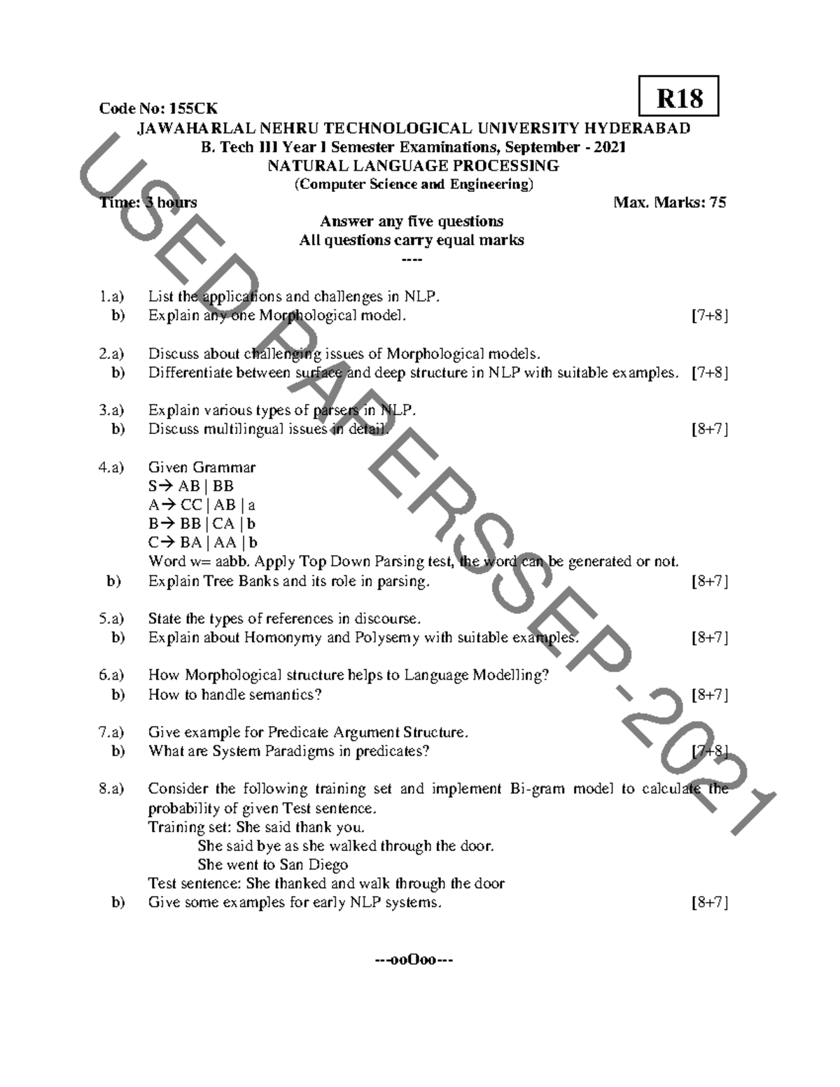 September-2021 - Question Paper - Code No: 155CK JAWAHARLAL NEHRU ...