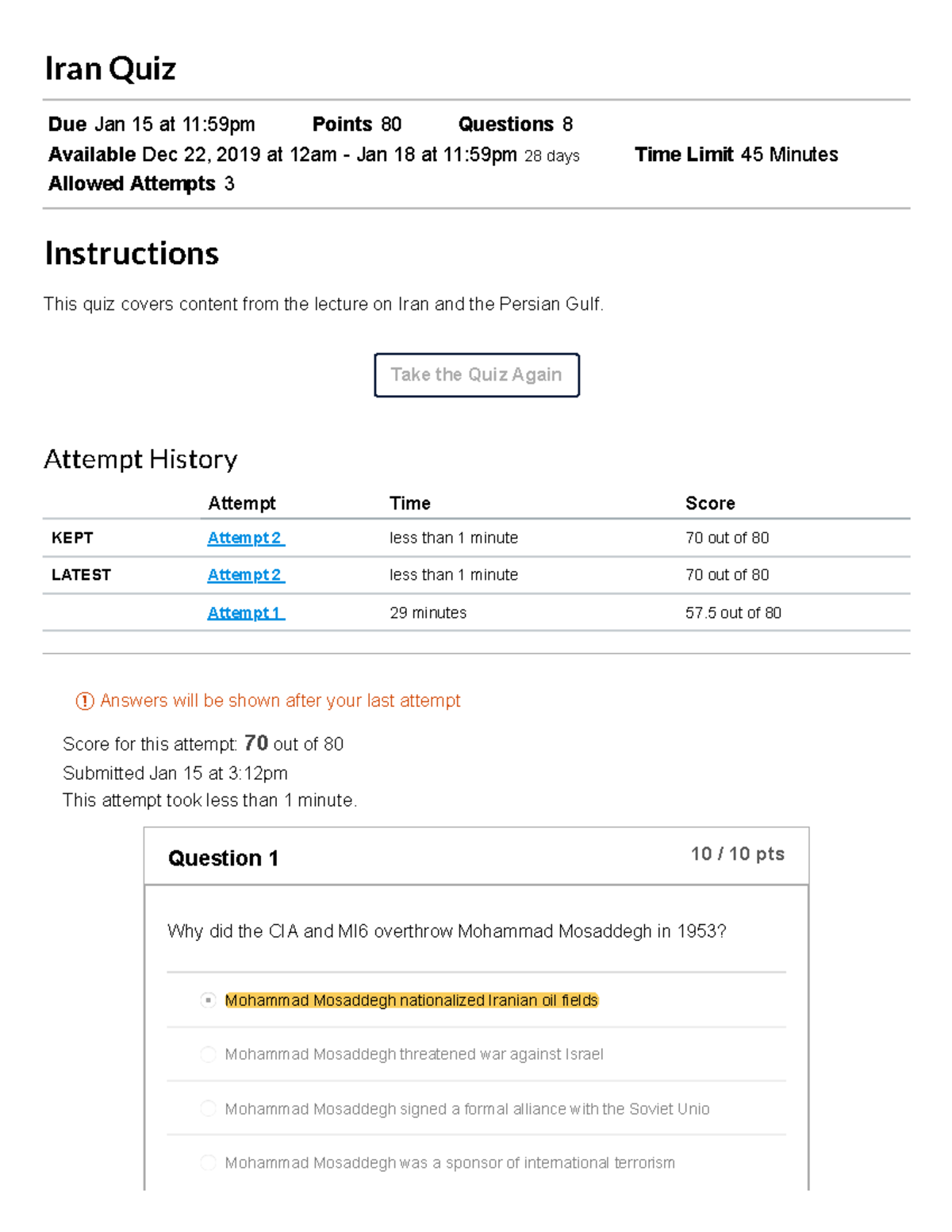 Iran Quiz HIS 218-81 The World since 1945 (SP20) - Iran Quiz Due Jan 15 ...