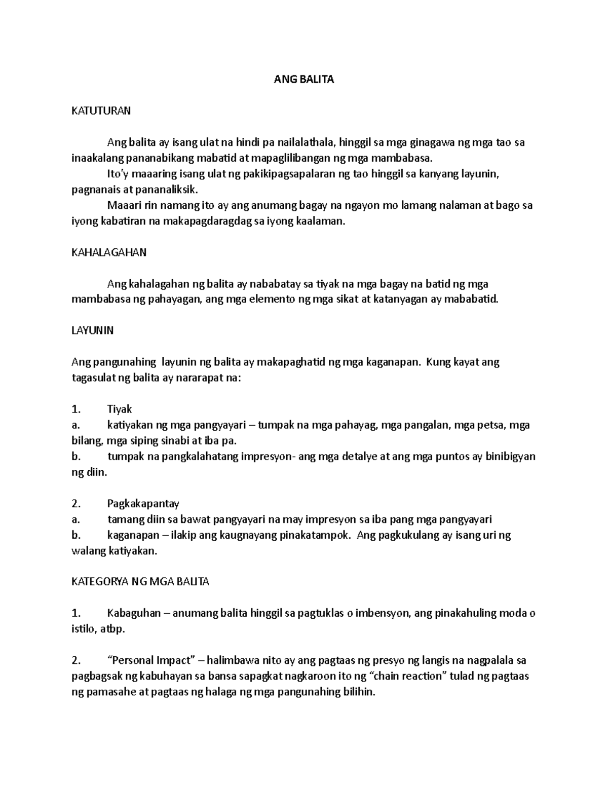 ANG Balita - Lecture notes - ANG BALITA KATUTURAN Ang balita ay isang ...