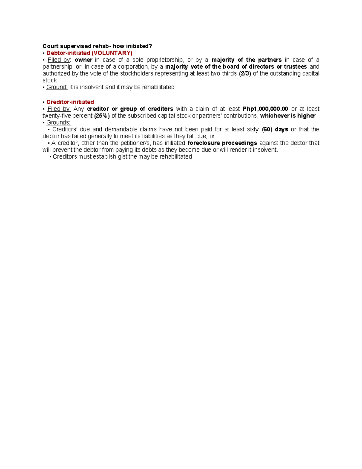 Court supervised rehab - Creditors must establish gist the may be ...