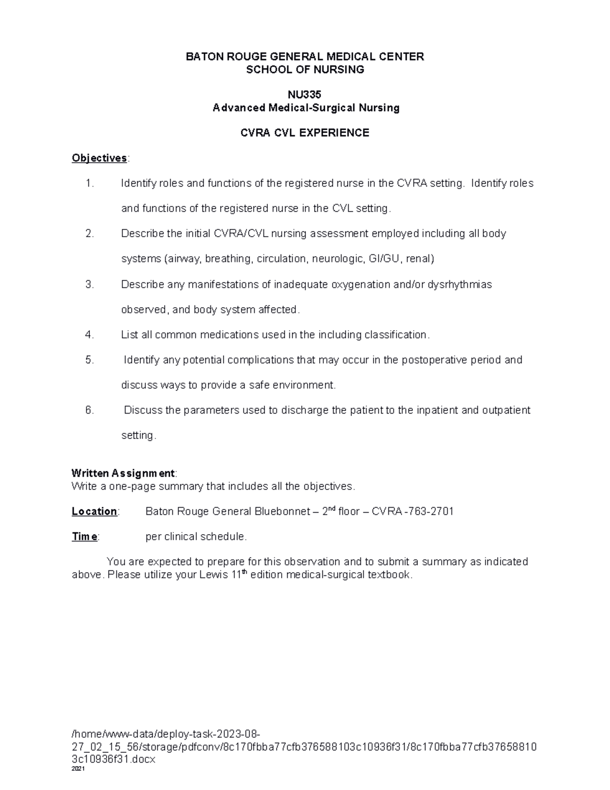CVRA CVL Clinical Objectives - BATON ROUGE GENERAL MEDICAL CENTERSCHOOL ...