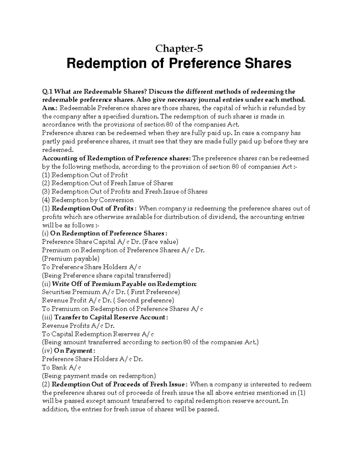 Chapter 5 Redemption of Preference Shares - Chapter- Redemption of ...