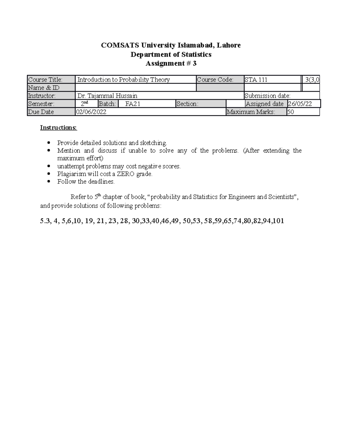 Assignment 3 BST19 probability - COMSATS University Islamabad, Lahore ...