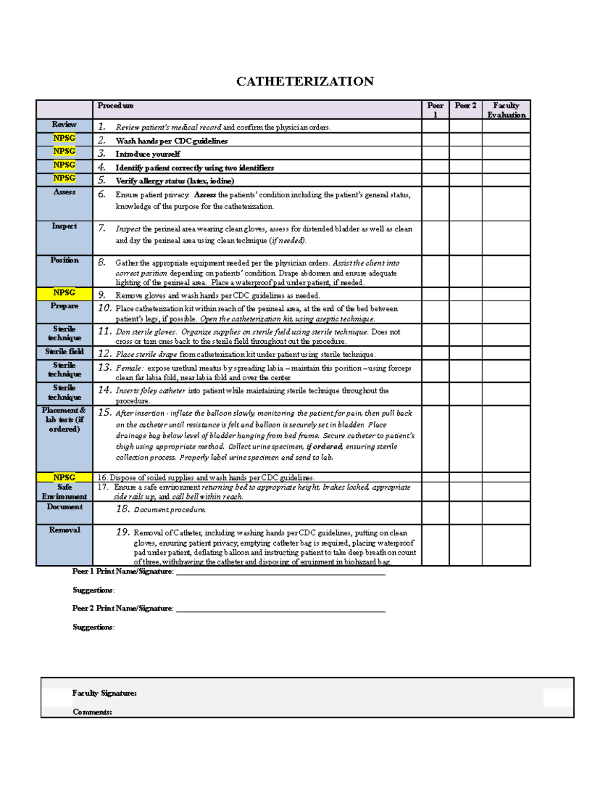 121 Catheterization check off NEW - CATHETERIZATION Peer 1 Print Name ...