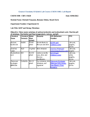 CHEM 1108 Pre-Lab Weak Acid-Strong Base Titration - General Chemistry II Hybrid Lab Course (CHEM ...