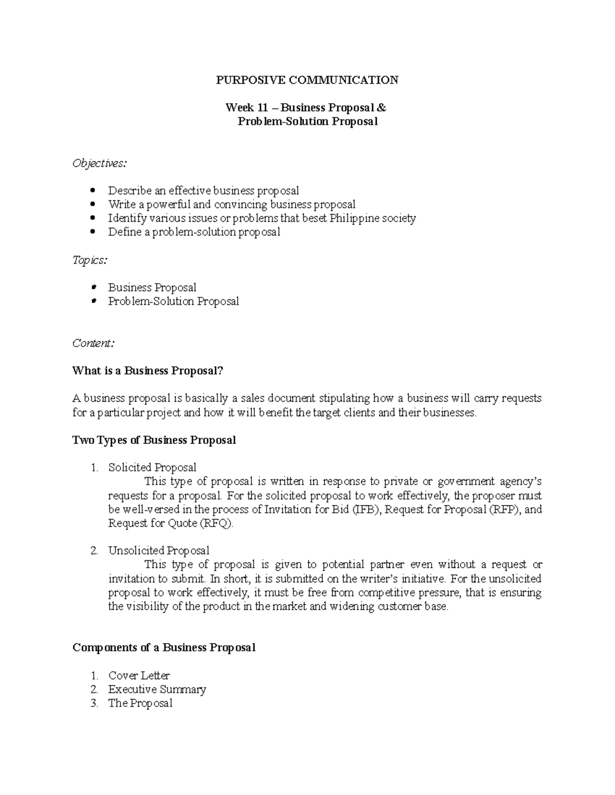 Week 11 - Business Proposal & Problem Solution Proposal - PURPOSIVE ...