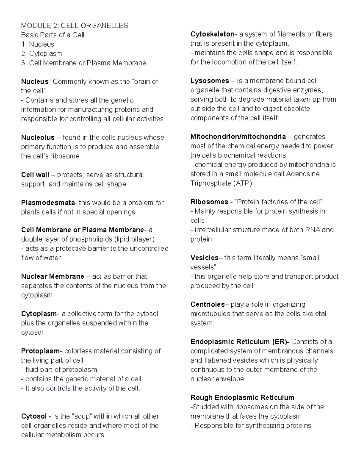 BIOLOGY REVIEWER - MODULE 2: CELL ORGANELLES Basic Parts of a Cell ...