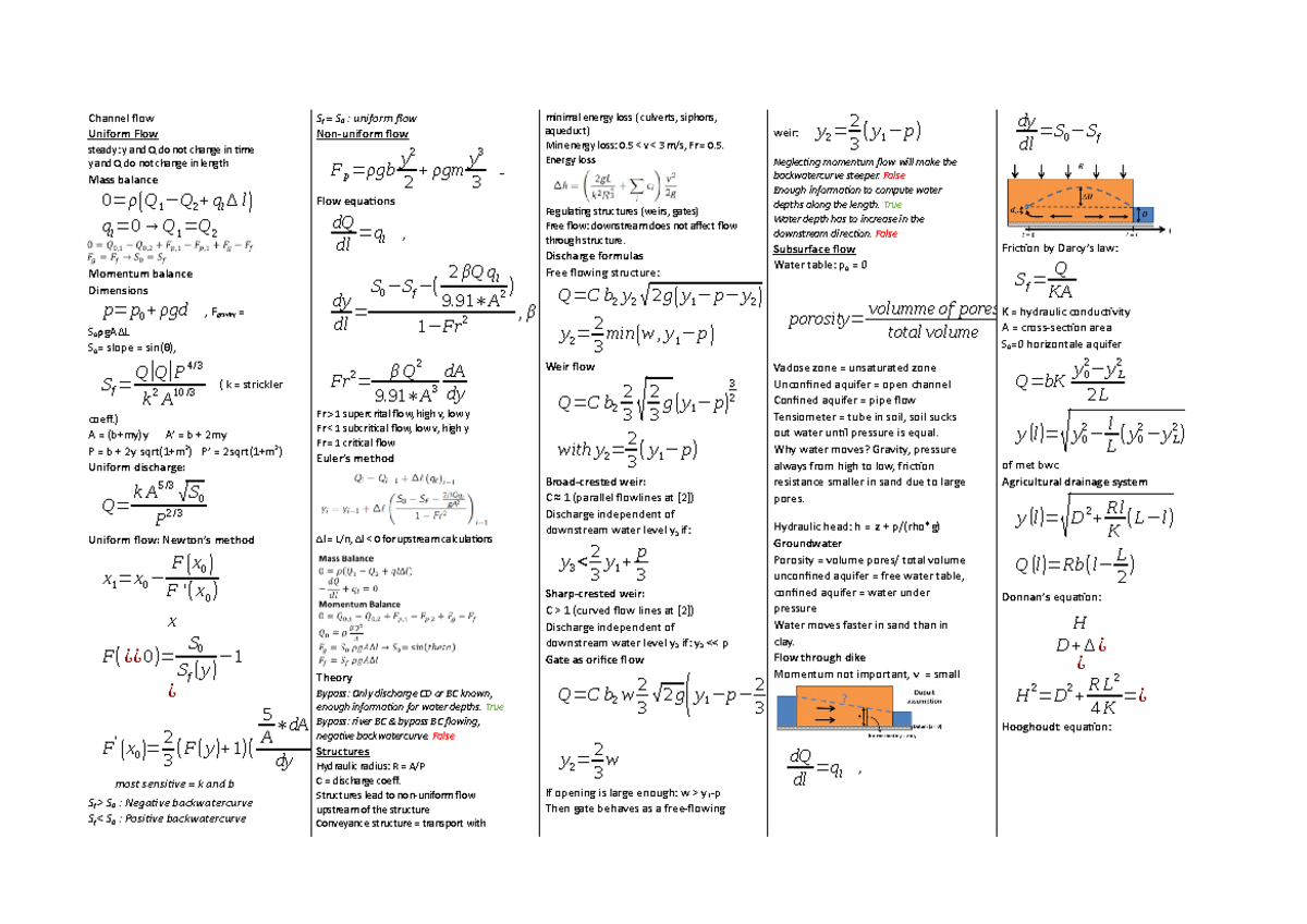 Formule blad water system - Channel flow Uniform Flow steady: y and Q ...