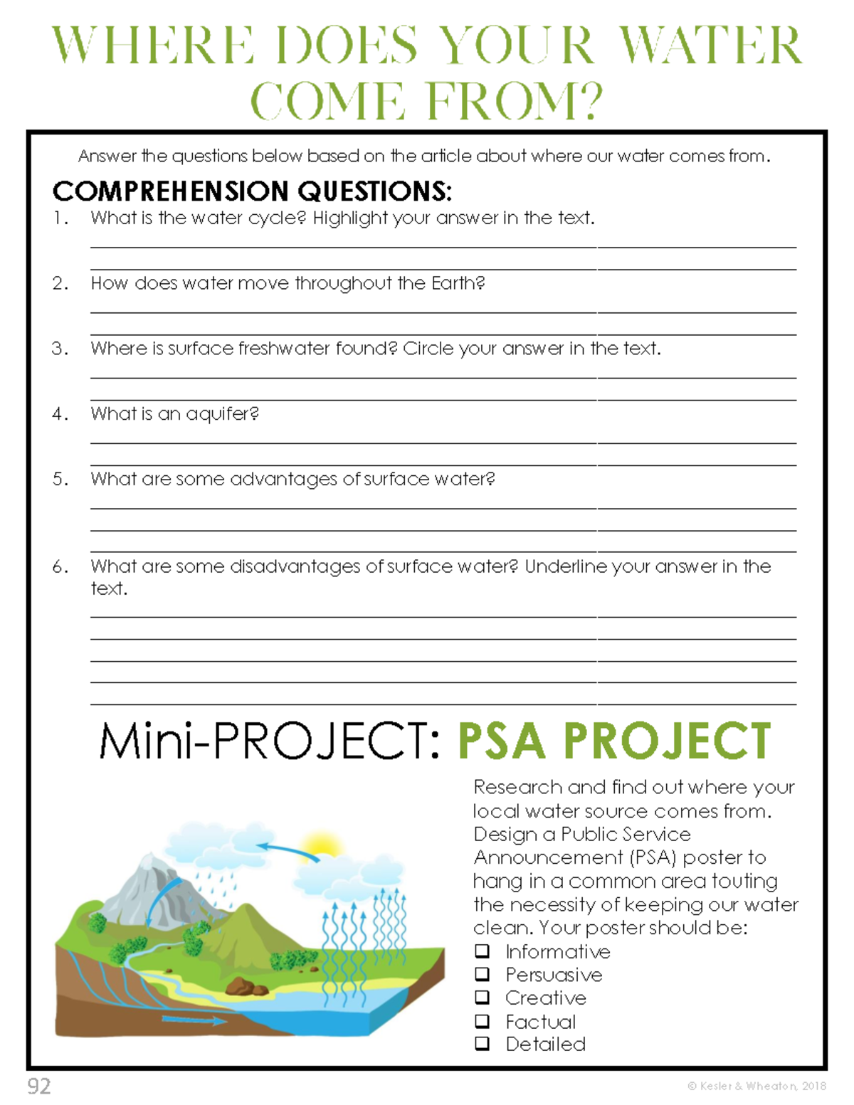 Where Does Your Water Come From Answer Page - © Kesler & Wheaton, 2018 ...