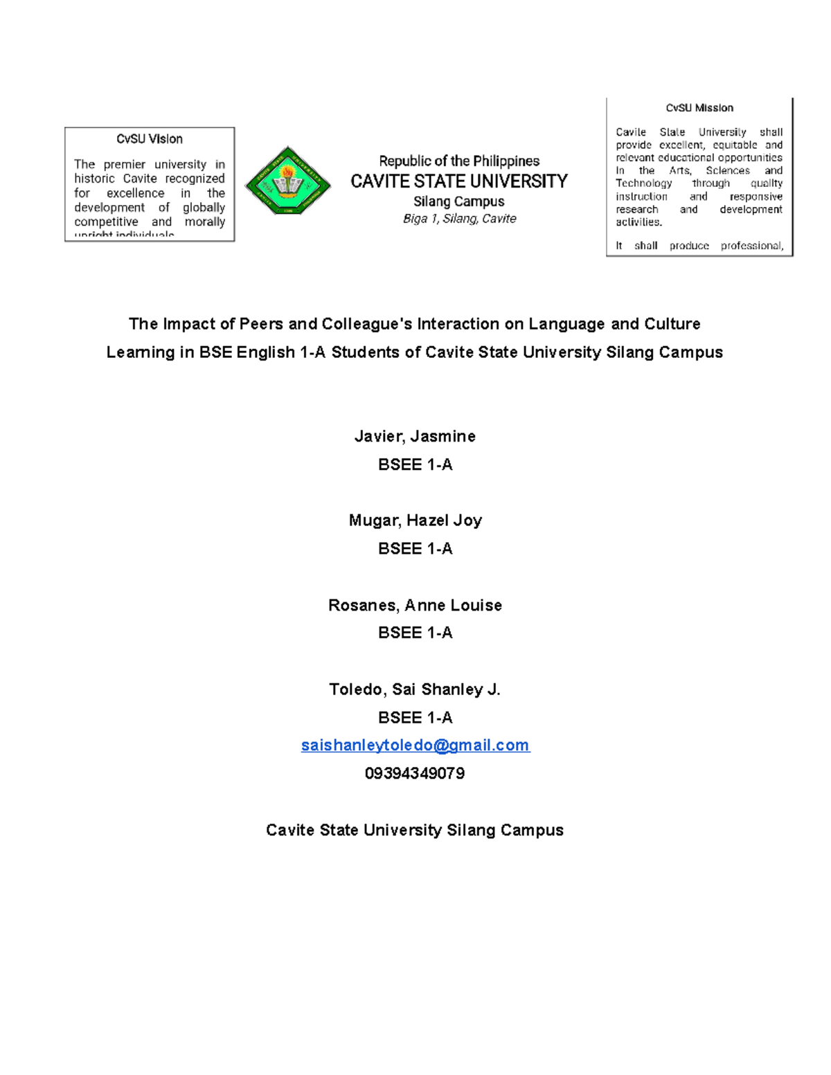 CASE Study - BSE major in English - The Impact of Peers and Colleague's ...