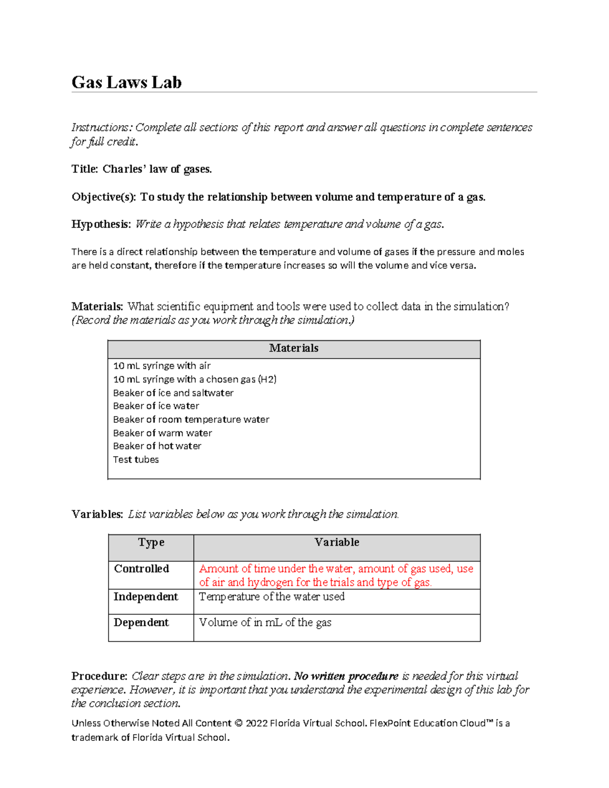 Gas Law Lab - Honor assignment for chapter 6. - Gas Laws Lab ...