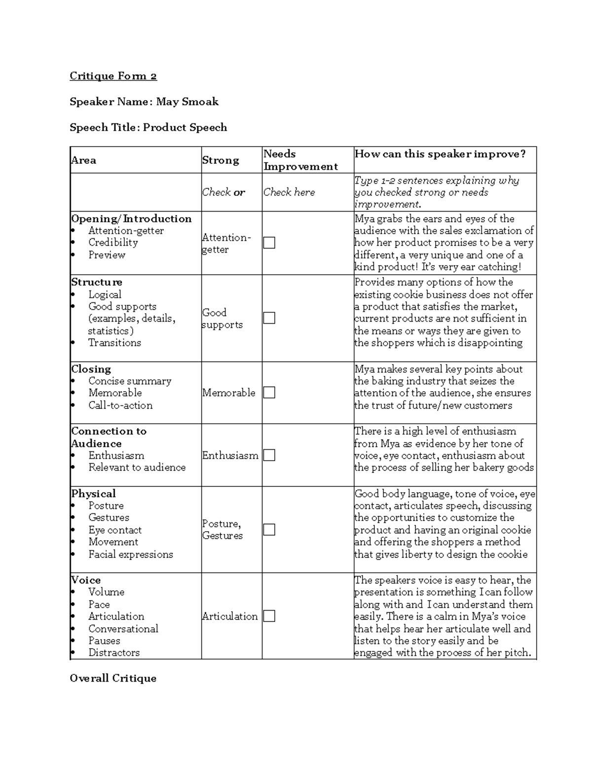 SPC 2065 - Speech Peer Critique Form - Part 2 - Critique Form 2 Speaker ...