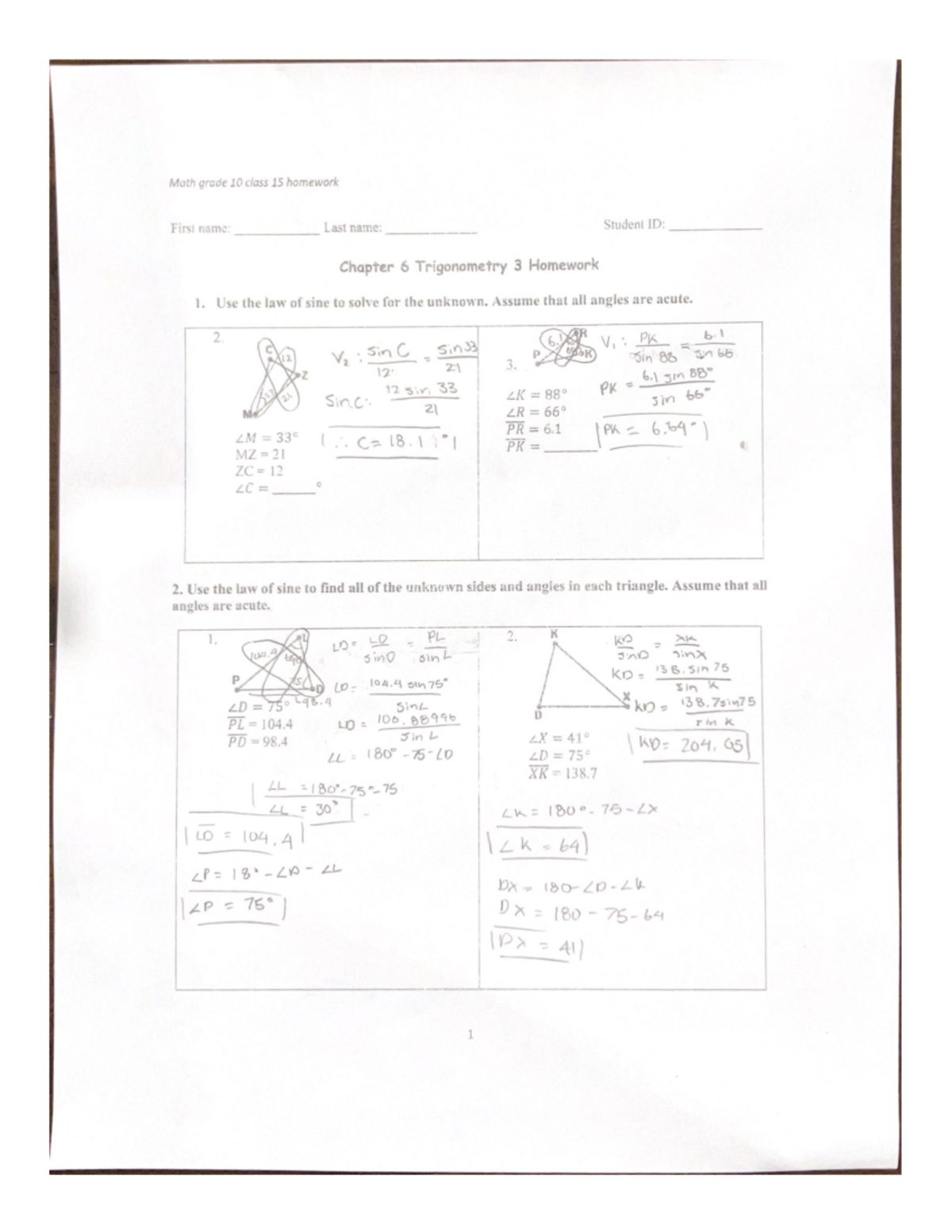 Math grade 10 class 15 homework - Studocu