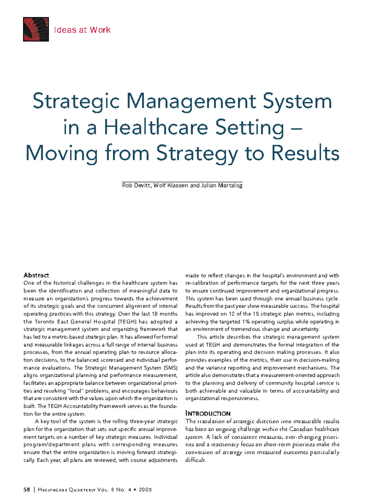 Strategic Mgmt Systems - Devitt et al - 58 | HE A LT H CA R E Q U A R T ...