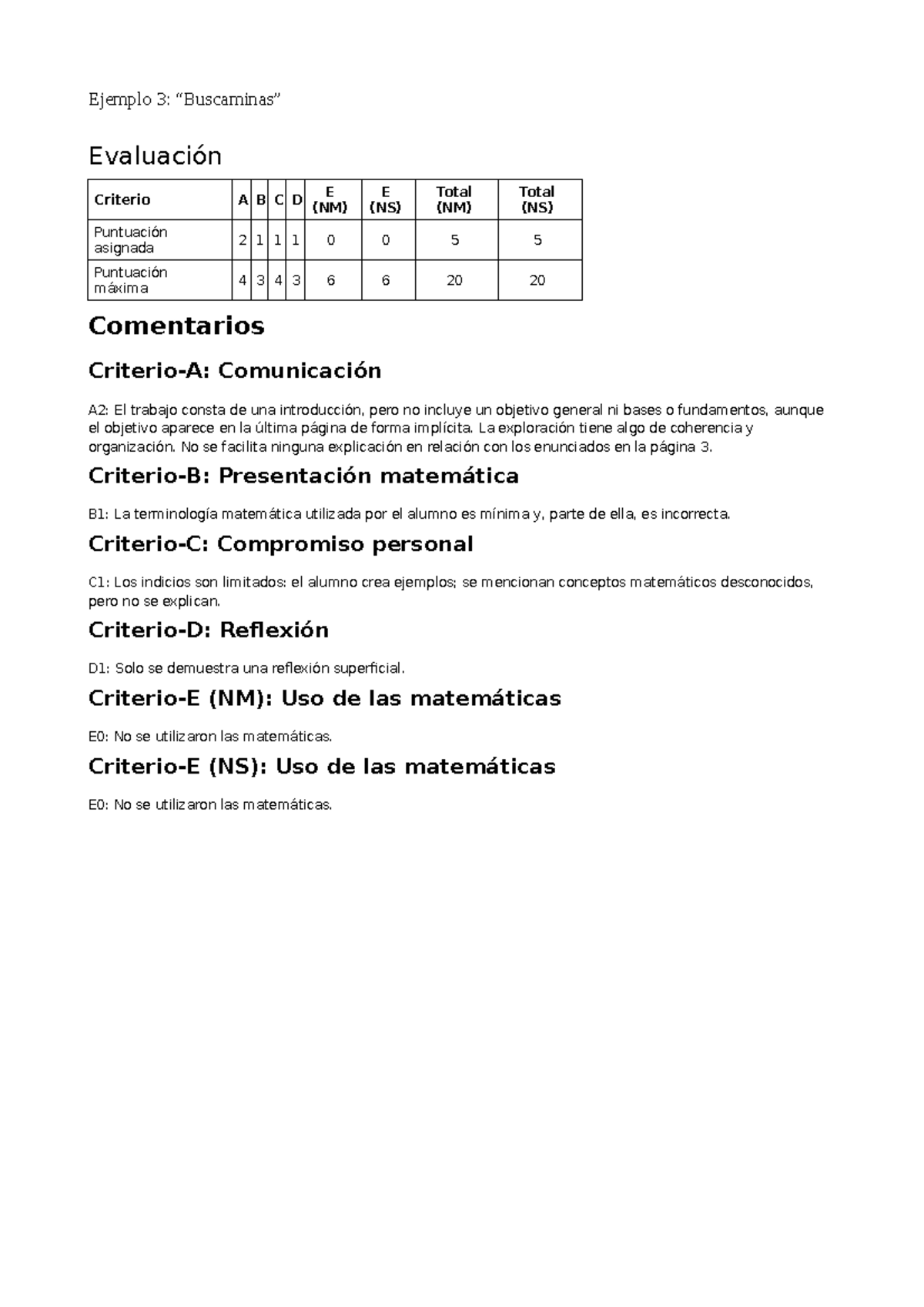 F6893672 Criterio E NS Uso de las matem ticas - Ejemplo 3: “Buscaminas” Evaluación Criterio A B ...