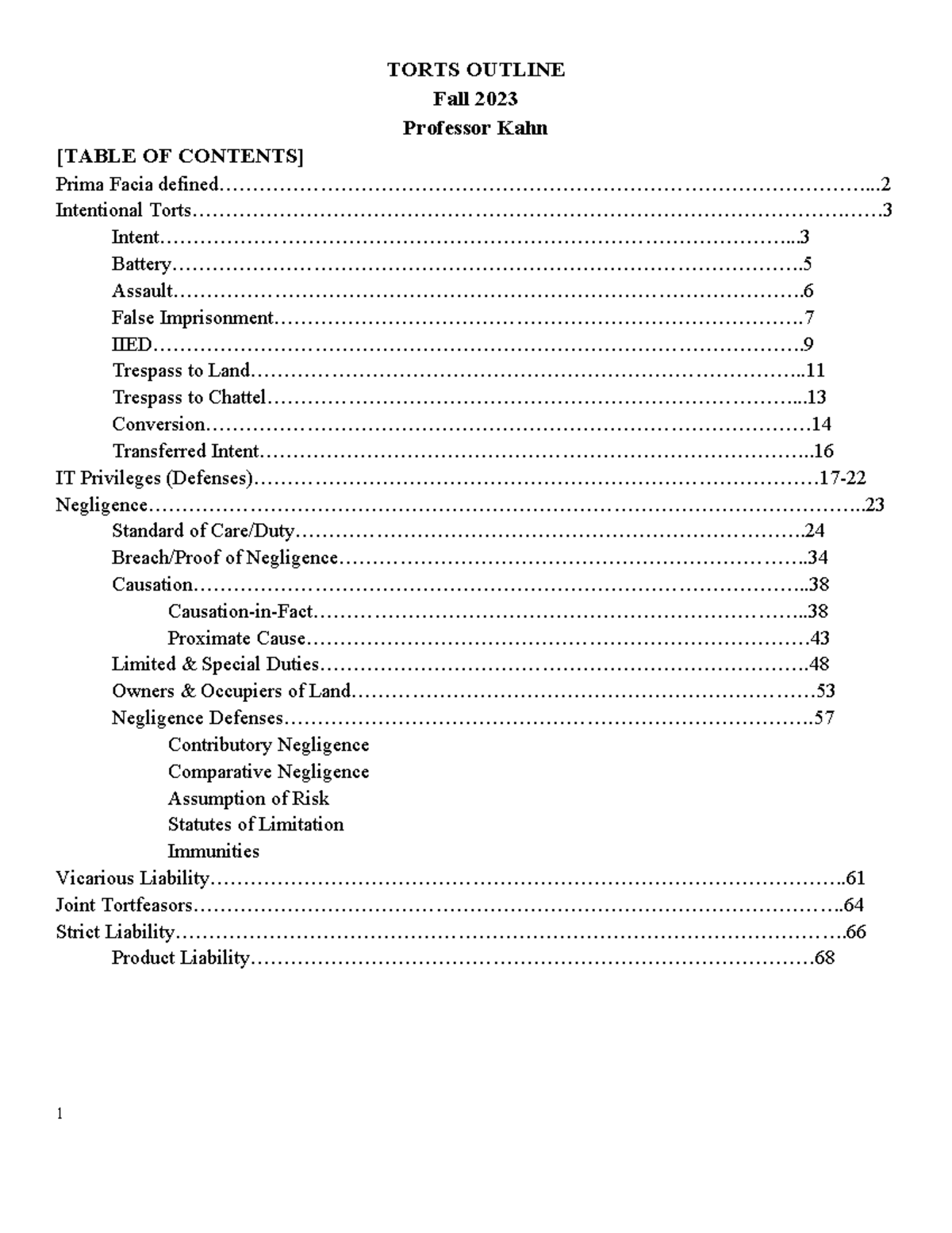 NEW Torts Outline - TORTS OUTLINE Professor Kahn Intentional - Studocu