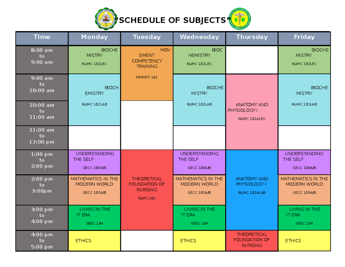 Schedules - Guideline for studying - “SCHEDULE OF SUBJECTS” Time Monday ...