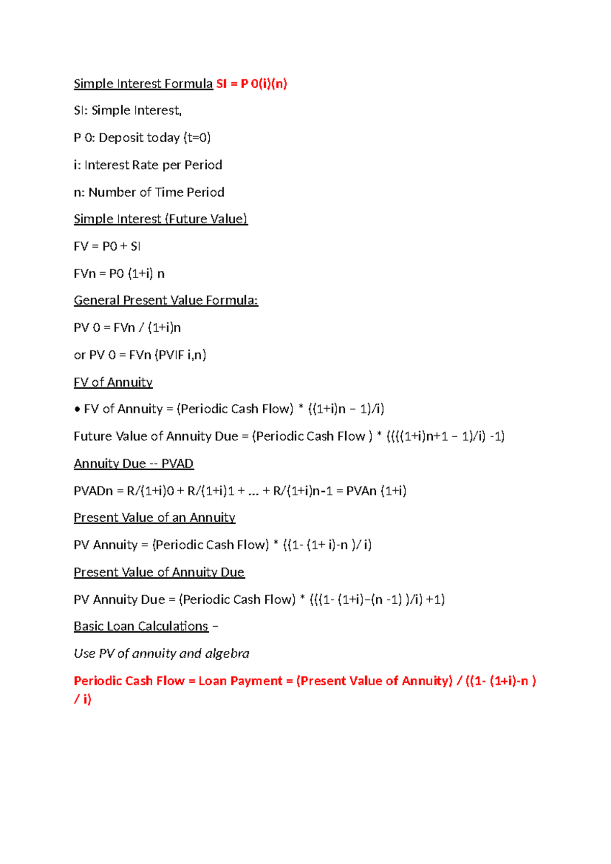 Formula sheet - Simple Interest Formula SI = P 0(i)(n) SI: Simple ...