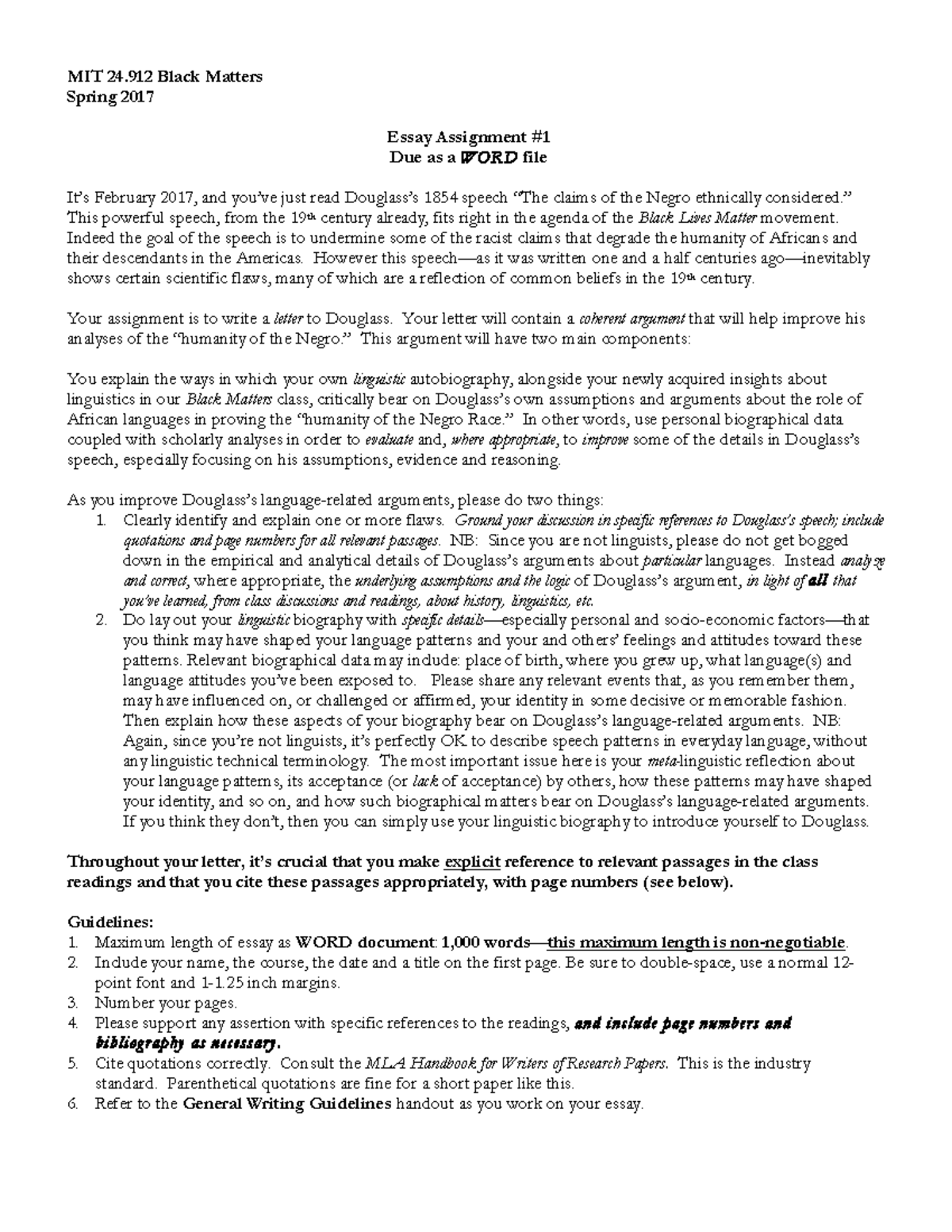 Essay 1 - MIT 24 Black Matters Spring 2017 Essay Assignment # Due as a ...