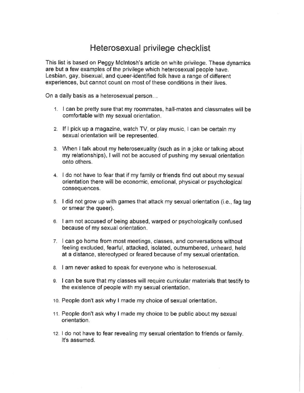 Heterosexual Checklist - Heterosexual privilege checklist This list is based on Peggy article on ...