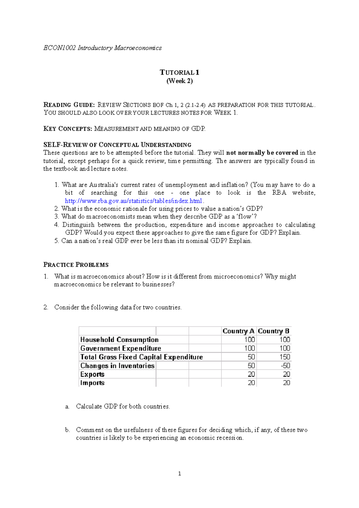 Tutorial 01 Questions - ECON1002 Introductory Macroeconomics TUTORIAL 1 (Week 2) READING GUIDE ...