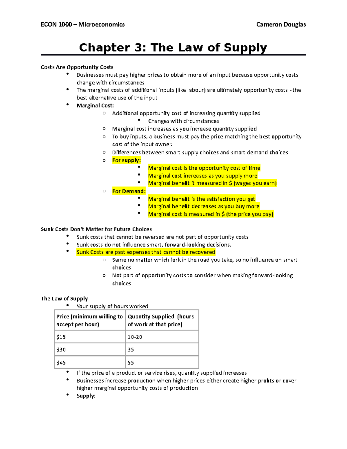 ECON - Ch3 The Law of Supply - ECON 1000 – Microeconomics Cameron ...