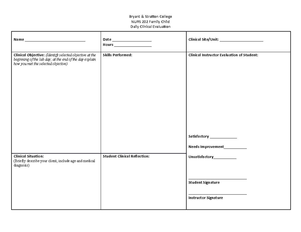 NURS 202 Clinical Daily Evaluation - Bryant & Stra琀琀on College NURS 202 ...
