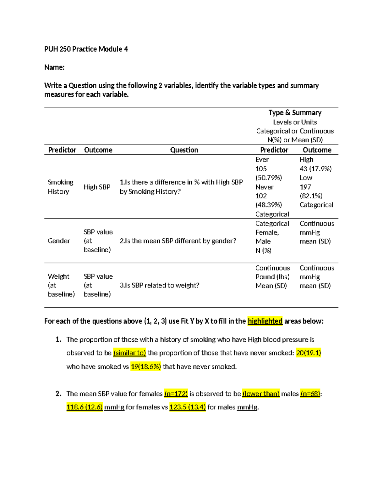 PUH 250 Practice Module 4 - PUH 250 Practice Module 4 Name: Write a ...