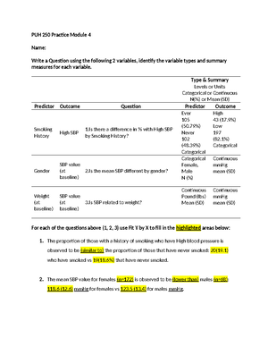 PUH 250 Practice Module 3 - PUH 250 Practice Module 3 Name: Complete ...