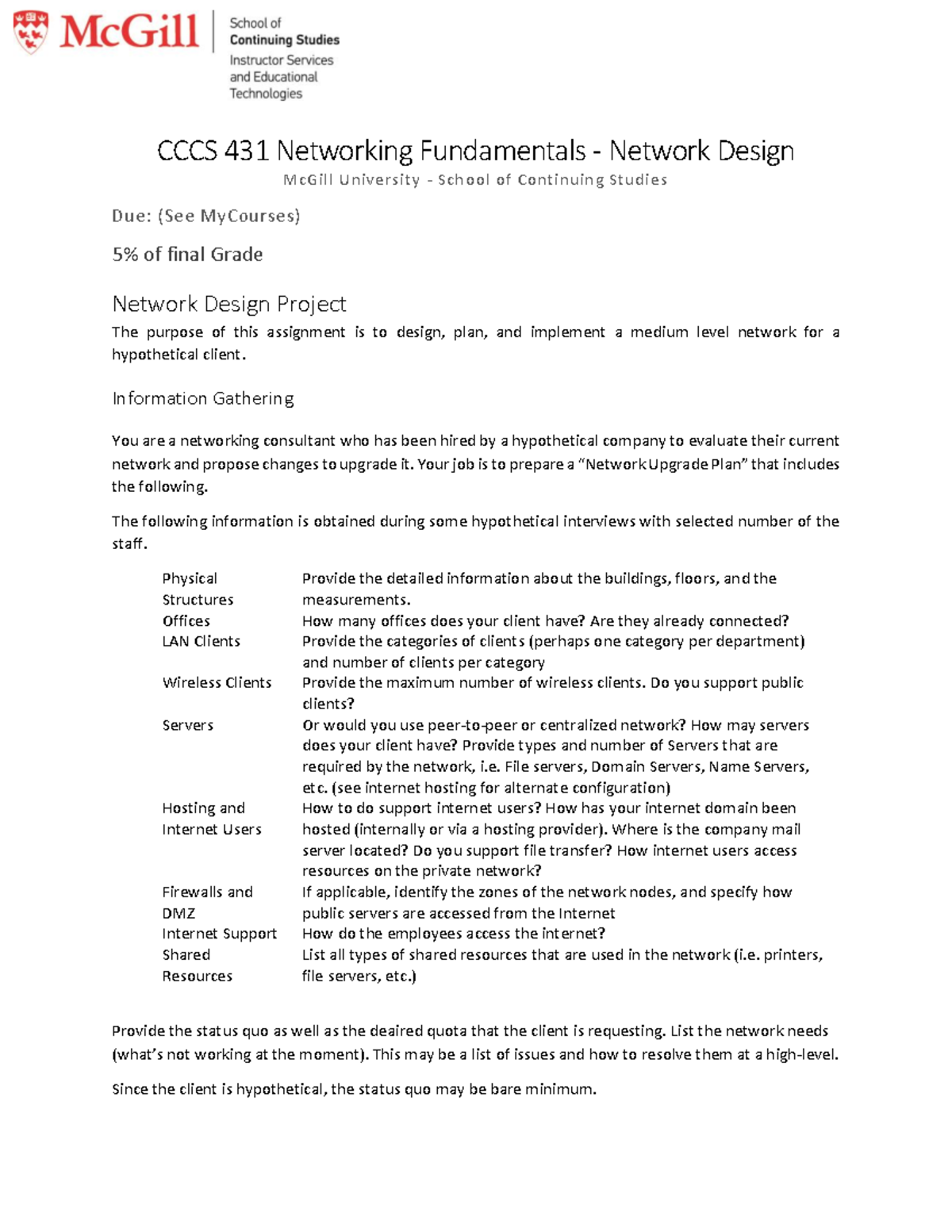 Cccs431.2022w.p01 - assignment - CCCS 431 Networking Fundamentals - Network Design M cGill Univ ...