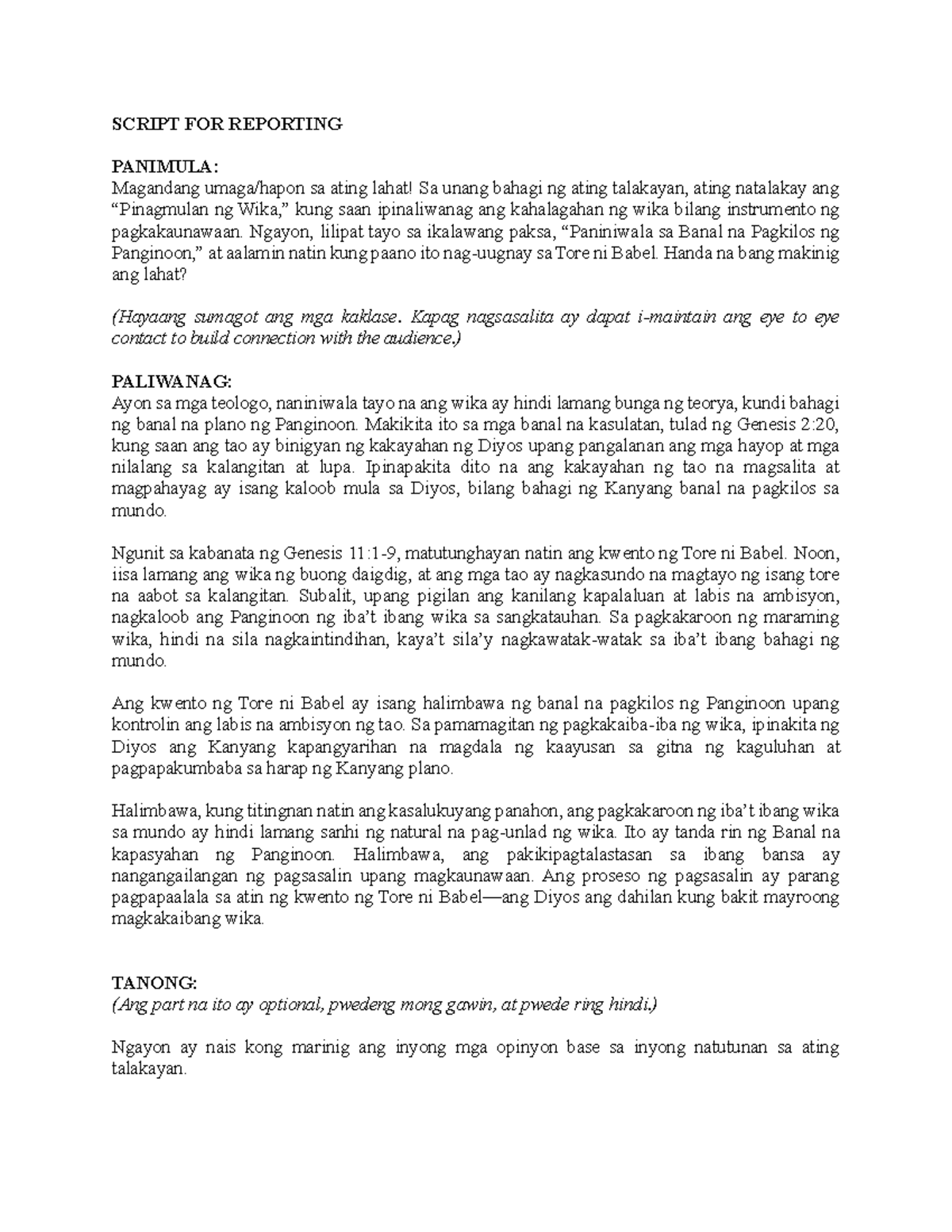Script - SCRIPT FOR REPORTING PANIMULA: Magandang umaga/hapon sa ating ...